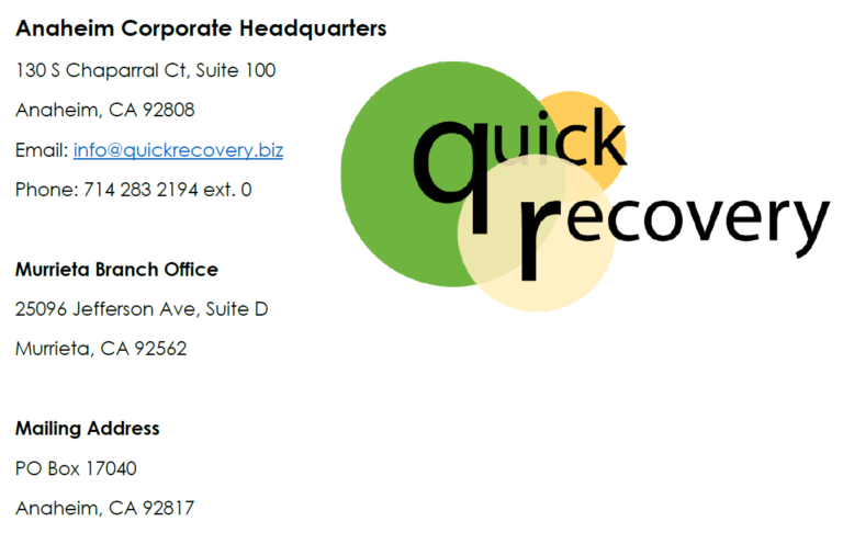 CONTACTING QUICK RECOVERY, INC. – Quick Recovery, Inc.